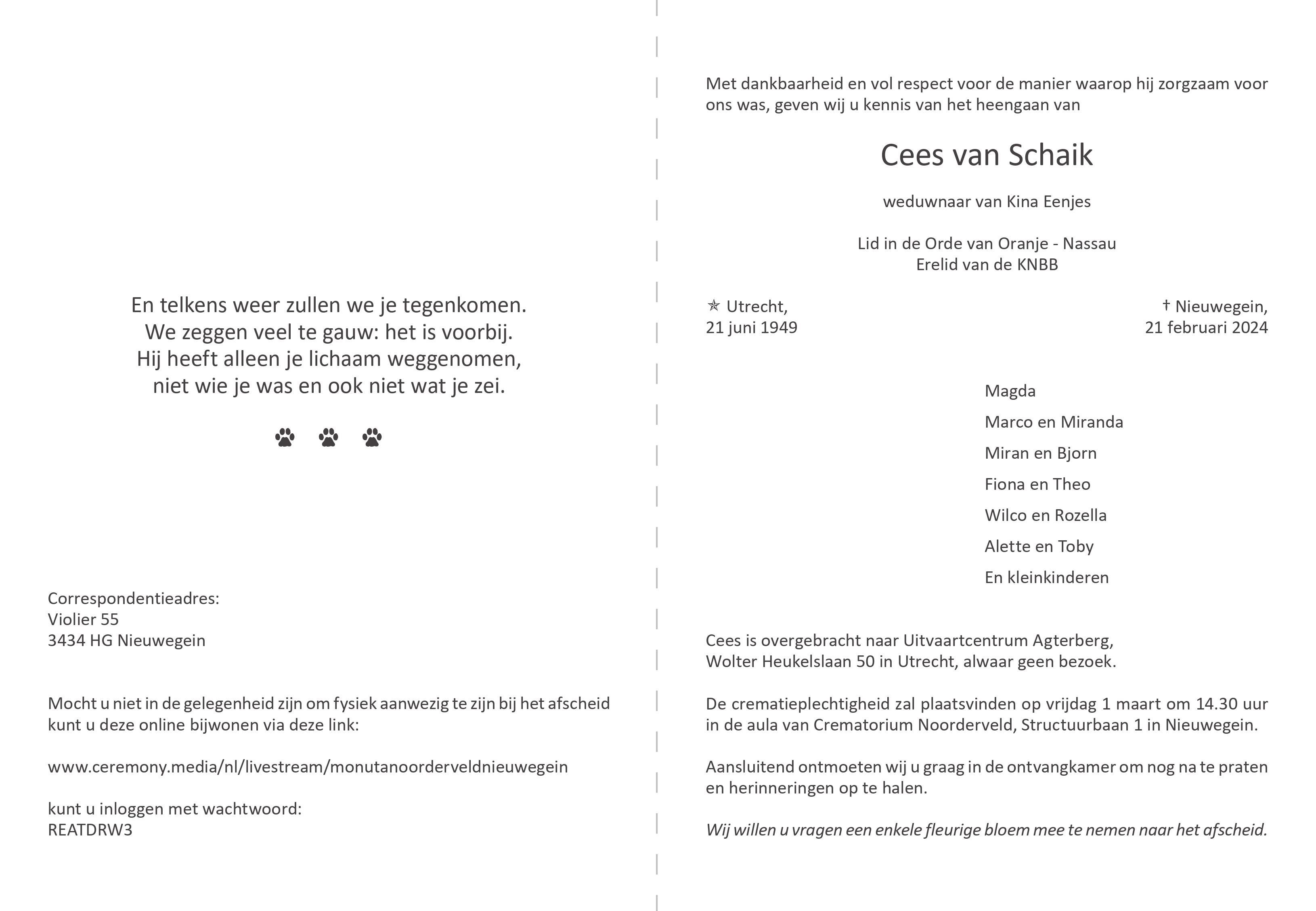 Cees van Schaik overleden | KNBB